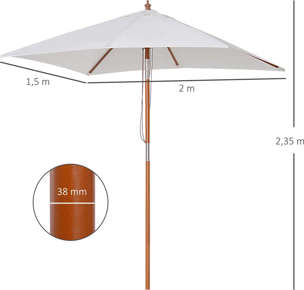 Outsunny skládací zahradní slunečník plážový slunečník 3-stupňový nastavitelný jedlové dřevo+polyester krémová bílá 200 x 150 x 235 cm | Aosom
