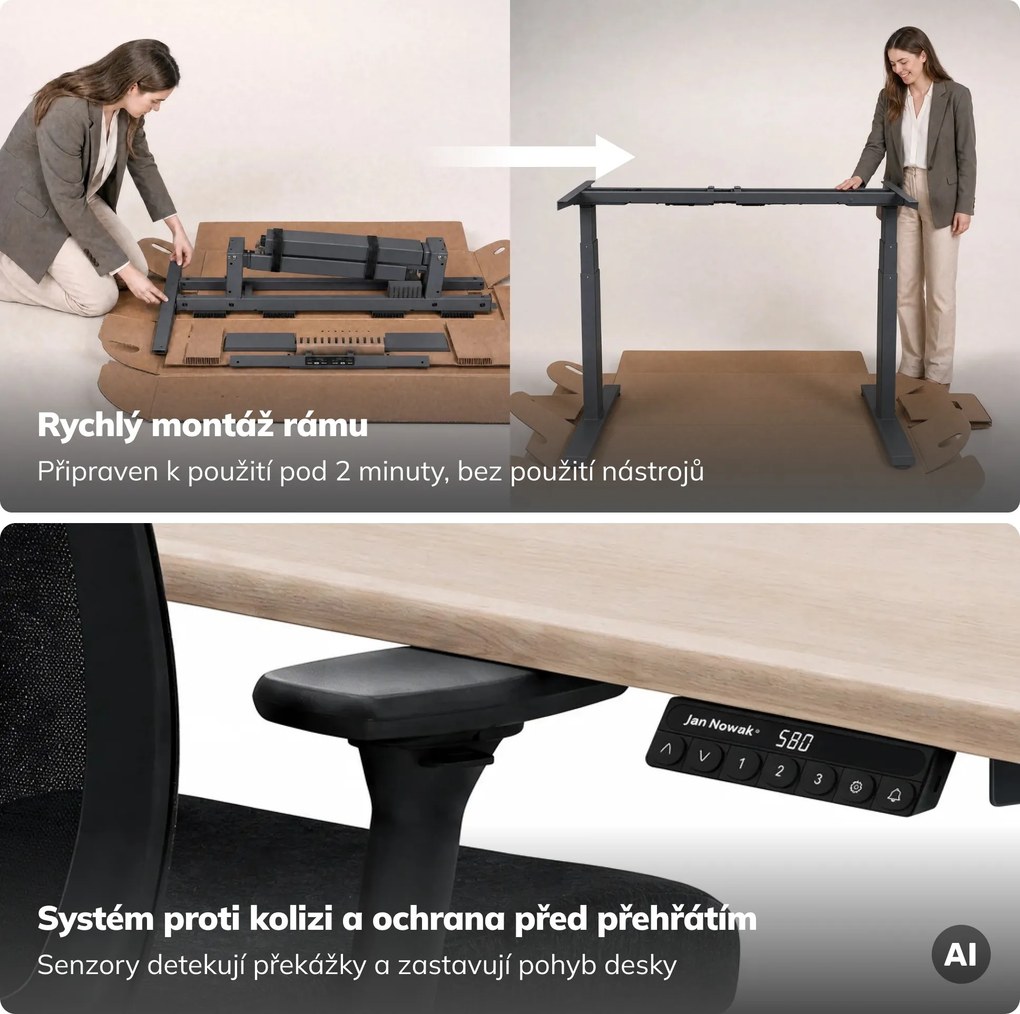 Elektrický stůl s regulací výšky ergonomický antracitový/dub sonoma,1200x600 mm: ARIA