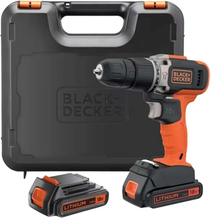 BLACK+DECKER - 18V AKU vrtačka s příklepem, 2x aku 1,5 Ah Li-Ion, nabíječka BCD003C2K-QWROZ1