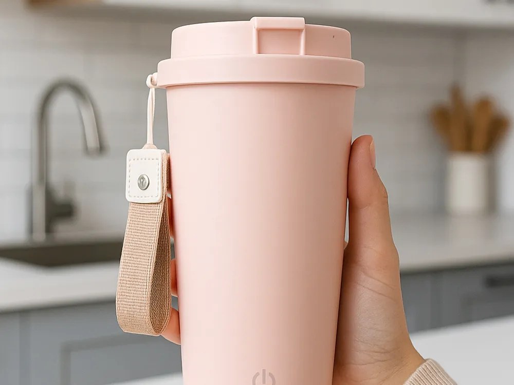Verk Group Samomíchací hrnek 350 ml, ocelová termoska na studené i horké nápoje, s usb kabelem