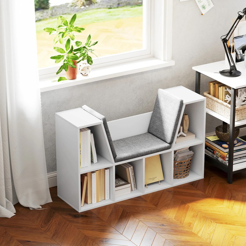HOMCOM Knihovna s polštářem, úložný regál se 6 přihrádkami, vzhled lnu, malá knihovna do obývacího pokoje, ložnice, 105 x 30 x 63 cm, bílá