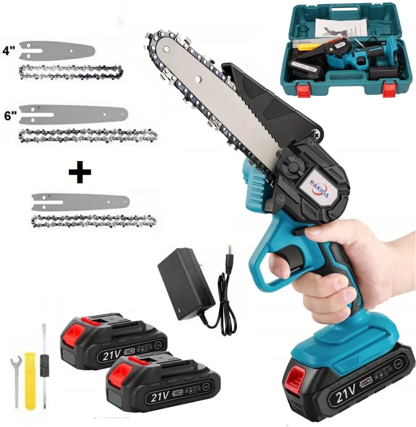 AKU Elektrická ruční pilka NAKIDA + 2x baterie + 2x řetěz - BEZUHLÍKOVÝ MOTOR