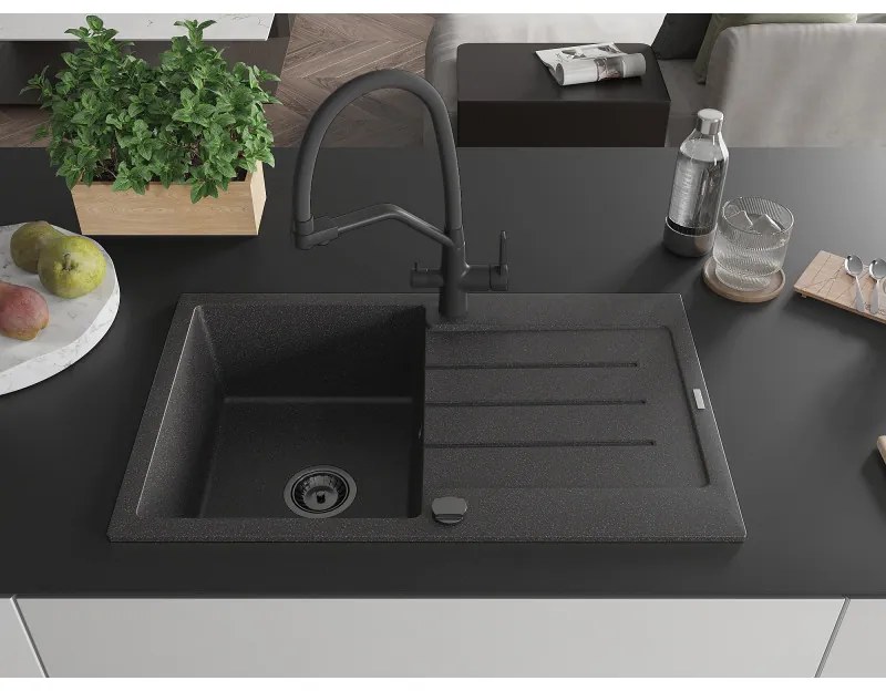 Mexen Bruno, 1-komorový granitový dřez 795x495x200 mm a dřezová baterie Duo, černá skvrnitá, 6513-76-671701-70-B