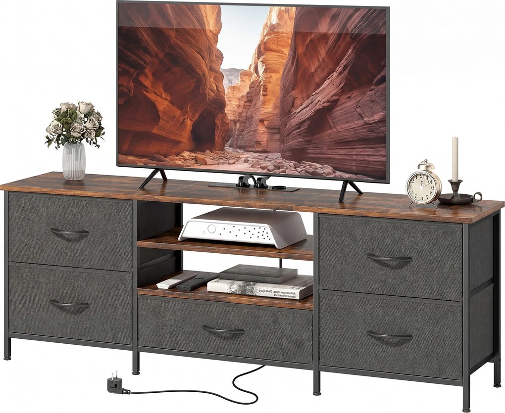 HOMCOM TV nábytek 140 cm, TV stolek 165,1 cm, dokovací stanice, 5 látkových zásuvek, otevřené police, 140x30x50 cm, rustikální hnědá