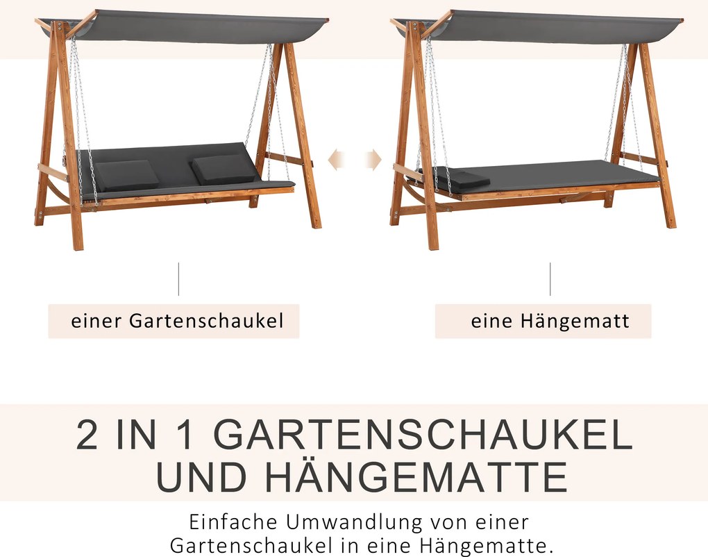 Outsunny Hollywoodská houpačka pro 3 osoby s funkcí lůžka, zahradní houpačka se stříškou, borovicové dřevo v šedé barvě a teak, 225,5x113x180cm