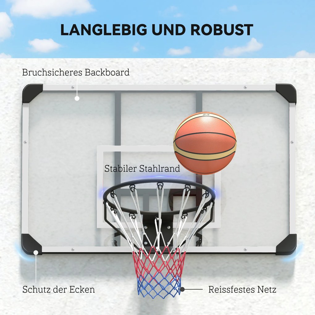 Nástěnný basketbalový koš SPORTNOW s basketbalovou deskou a sítí 113 x 61 x 73 cm z oceli pro venkovní aktivity v bílé barvě | Aosom.de