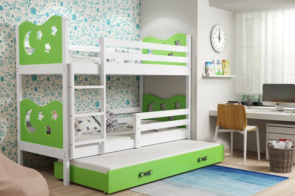 ImportWorld Dětská patrová postel Bohdan - 3 osoby, 80x190 s výsuvnou přistýlkou –  Bílá, Zelená