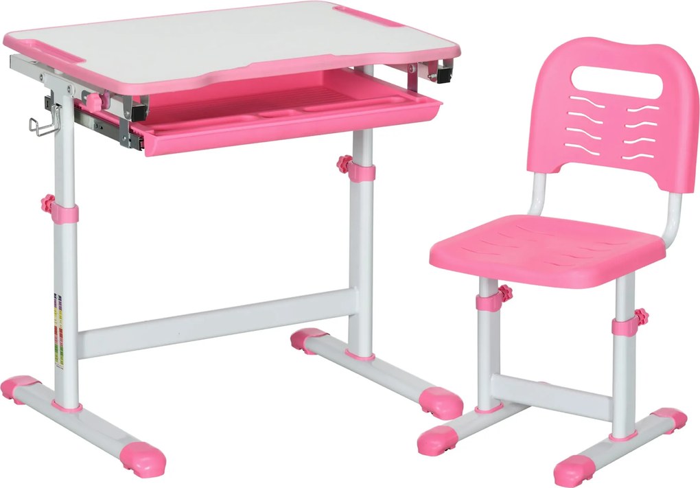 HOMCOM Nastavitelný školní stůl pro děti ve věku 6-12 let, set stolu a židle s 45° naklápěcí deskou, zásuvkou, 2 držáky na tužky a háčkem, růžový | Ao