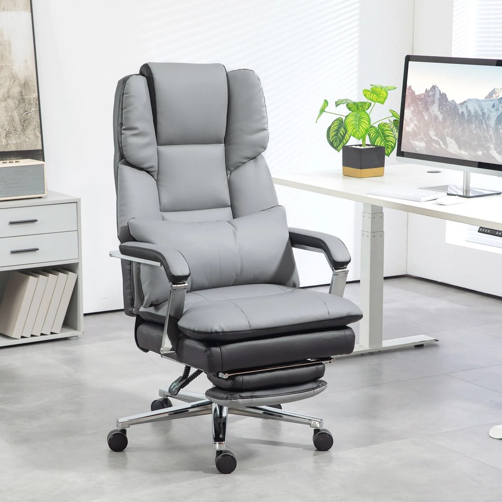 Kancelářská židle HOMCOM s houpací funkcí, nosnost 180 kg, ergonomická, 160° sklopný opěrák, koženka, 63Š x 71D x 123-129V cm, světle šedá
