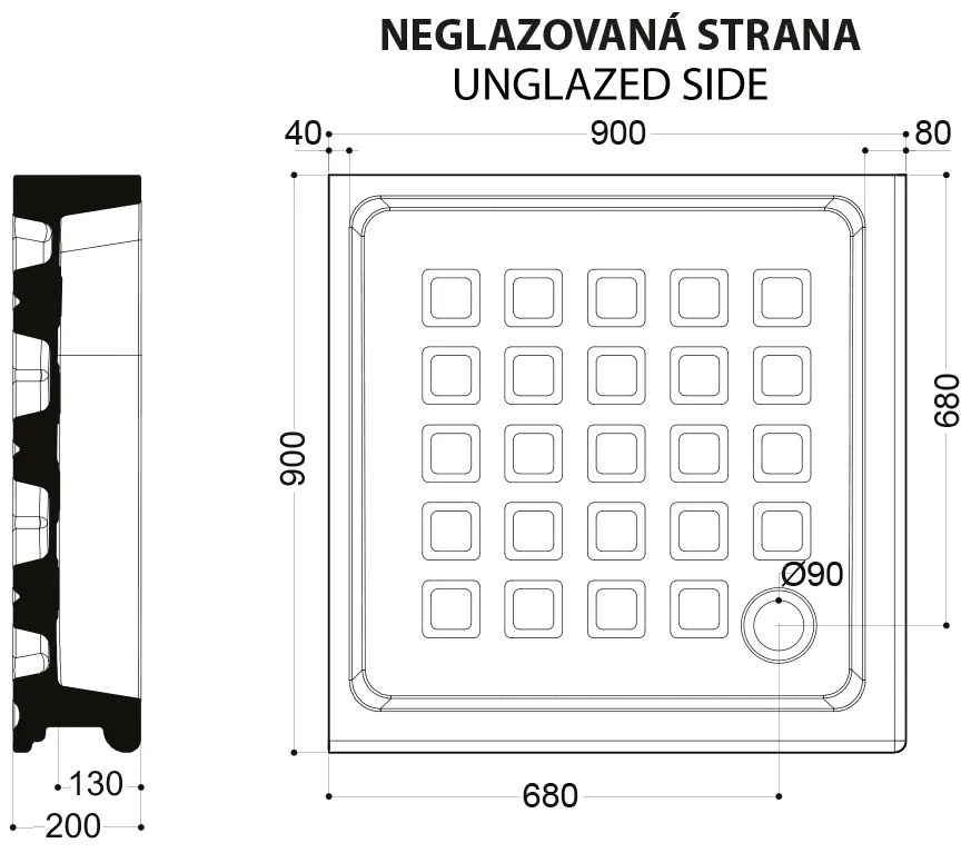 Kerasan RETRO keramická sprchová vanička, čtverec 90x90x20cm, bílá 133801
