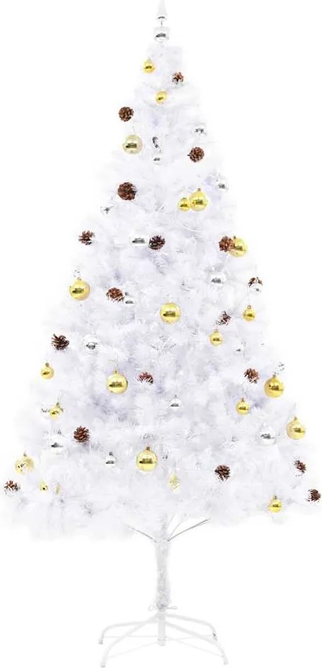 Vánoční stromek s LED osvětlením a baňkami bílý 210 cm 321504