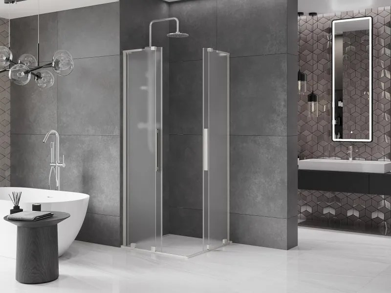 Mexen Velar L Duo, sprchový kout s posuvnými dveřmi 80 x 80 cm, 8mm sklo námraza, broušená ocel, 871-080-080-02-33-97
