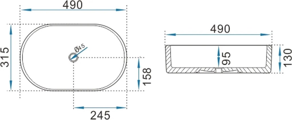 Erga Halle, umyvadlo na desku 490x315x130 mm, bílá lesklá, ERG-V03-HALLE49-WH