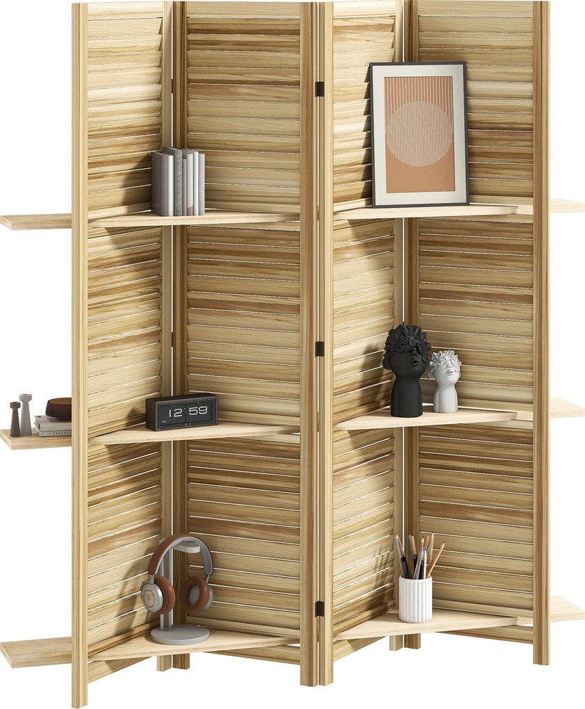 HOMCOM Interiér dřevěné obrazovky se 4 panely 160 x 170 cm, skládací přepážka s 3 policemi, přírodní dřevo