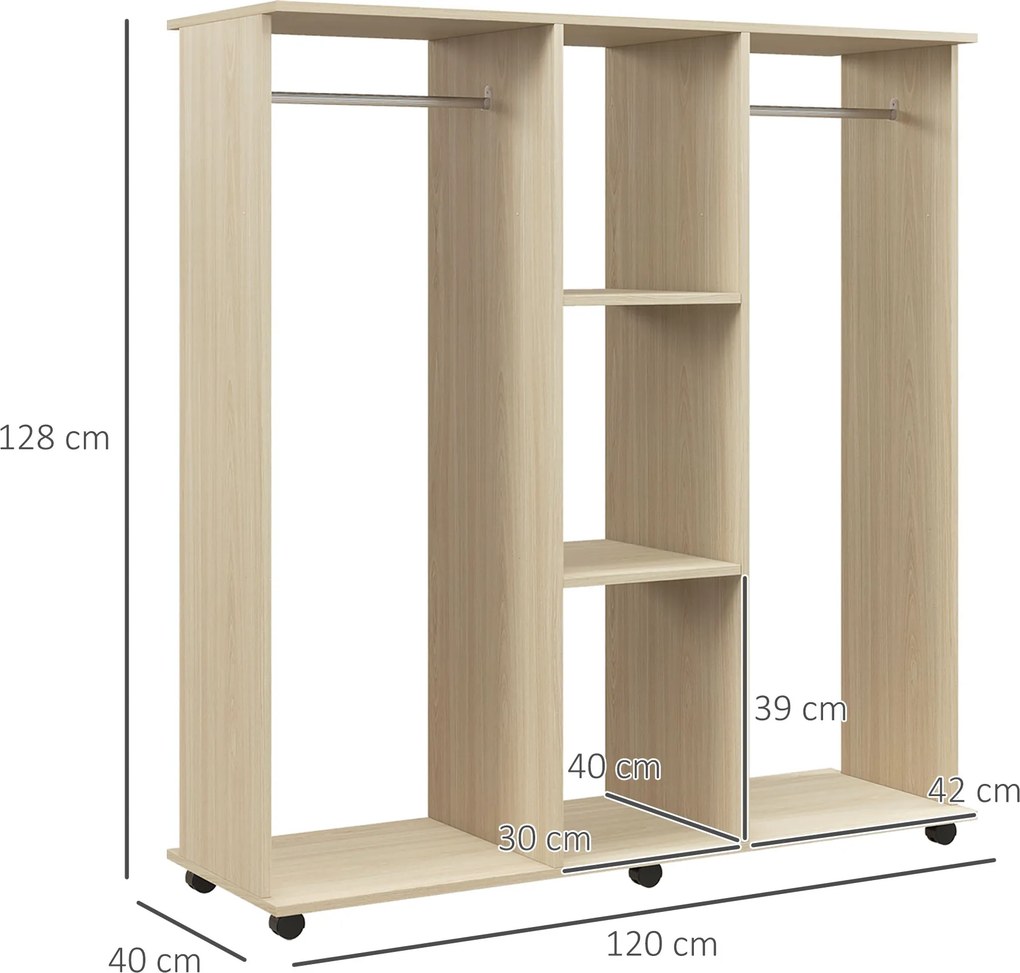 HOMCOM Mobilní skříň s úložným prostorem na 6 kolečkách 120 x 40 x 128 cm Přírodní dřevo