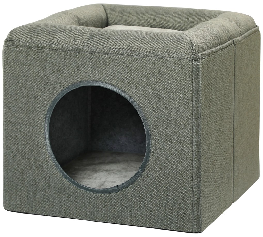 PawHut kočičí jeskyně dvoupatrový domeček pro kočky 36,5x36,5x33cm s polštářem pro kočky do 5kg v zelené barvě, domeček pro malá zvířata | Aosom.de