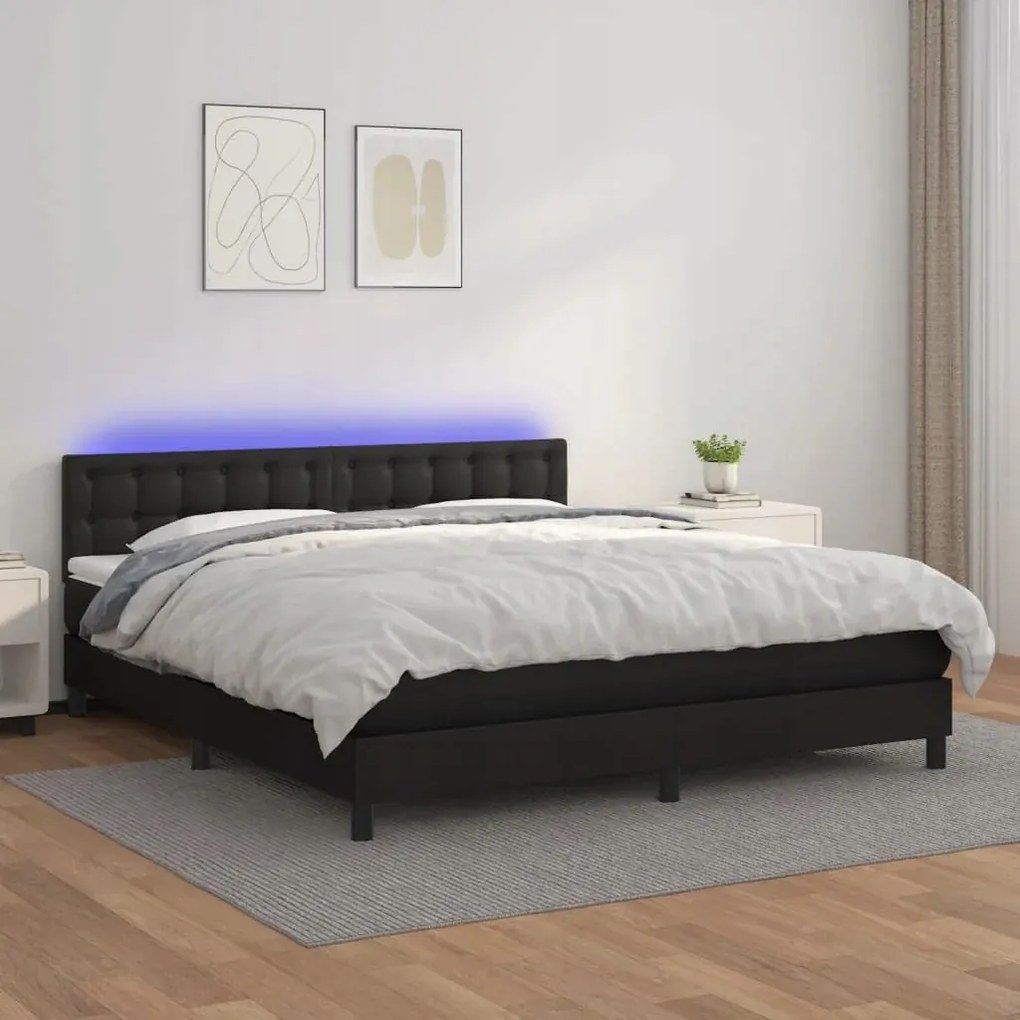 Box Spring Postel S Matrací A Led Černá Umělá Kůže Černá tlačítka 180 x 2