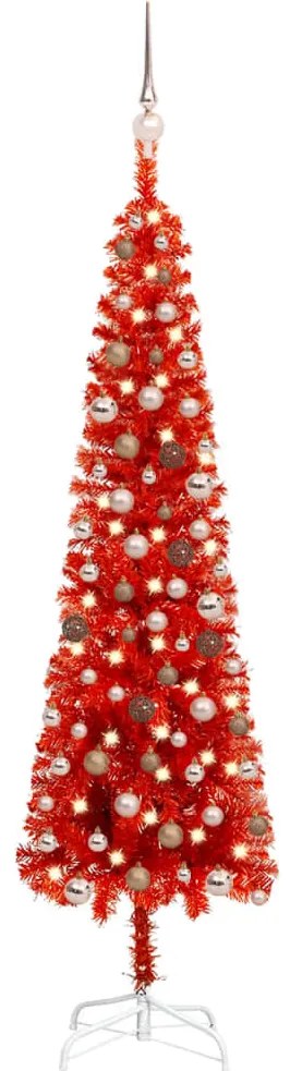 3078082 vidaXL Úzký vánoční stromek s LED diodami a sadou koulí červený 180 cm