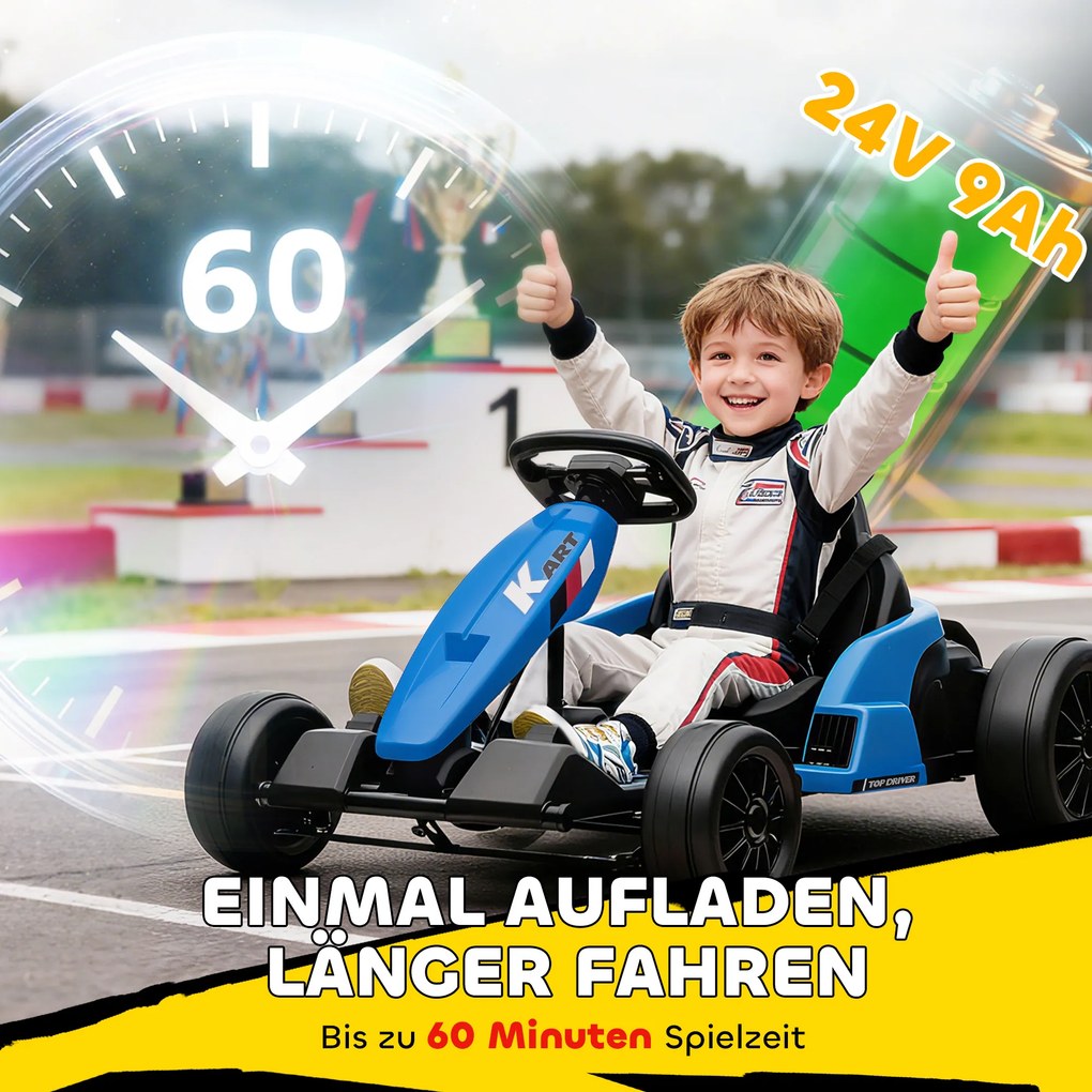 AIYAPLAY 24V elektrické Go-Kart, režim driftu, nastavitelná sedačka, 5bodový bezpečnostní pás, hudební funkce, 6–12 let, modrá
