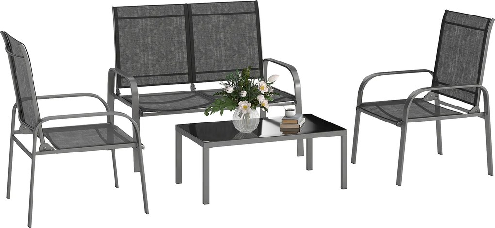 Outsunny 4-dílná zahradní lounge souprava se 2-místnou venkovní pohovkou s nastavitelným opěradlem, 2 křesly a skleněným konferenčním stolkem, ocelová