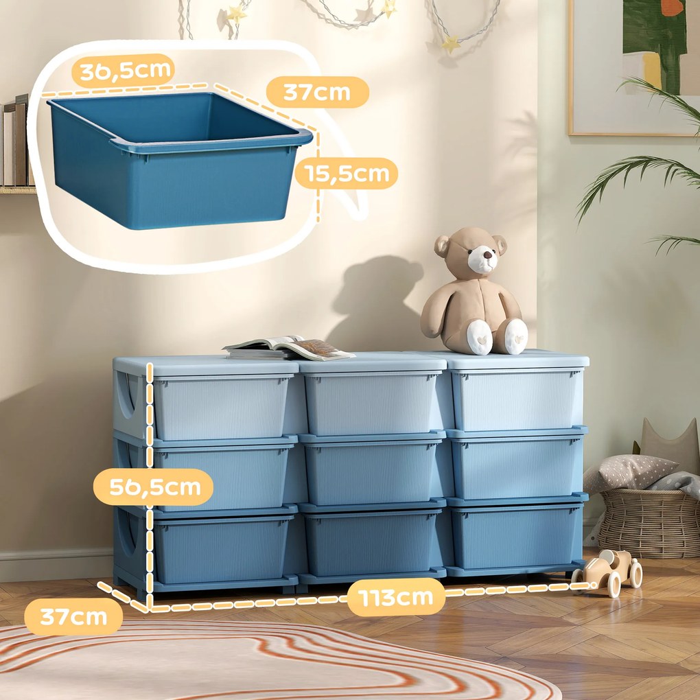 HOMCOM komoda s 9 zásuvkami pro děti – organizér na hračky, modrá, 113 x 37 x 56,5 cm – pro děti 3–6 let