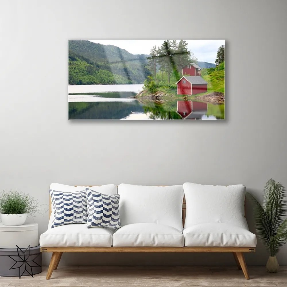 Obraz na skle Hory Dům Jezero Krajina 125x50 cm
