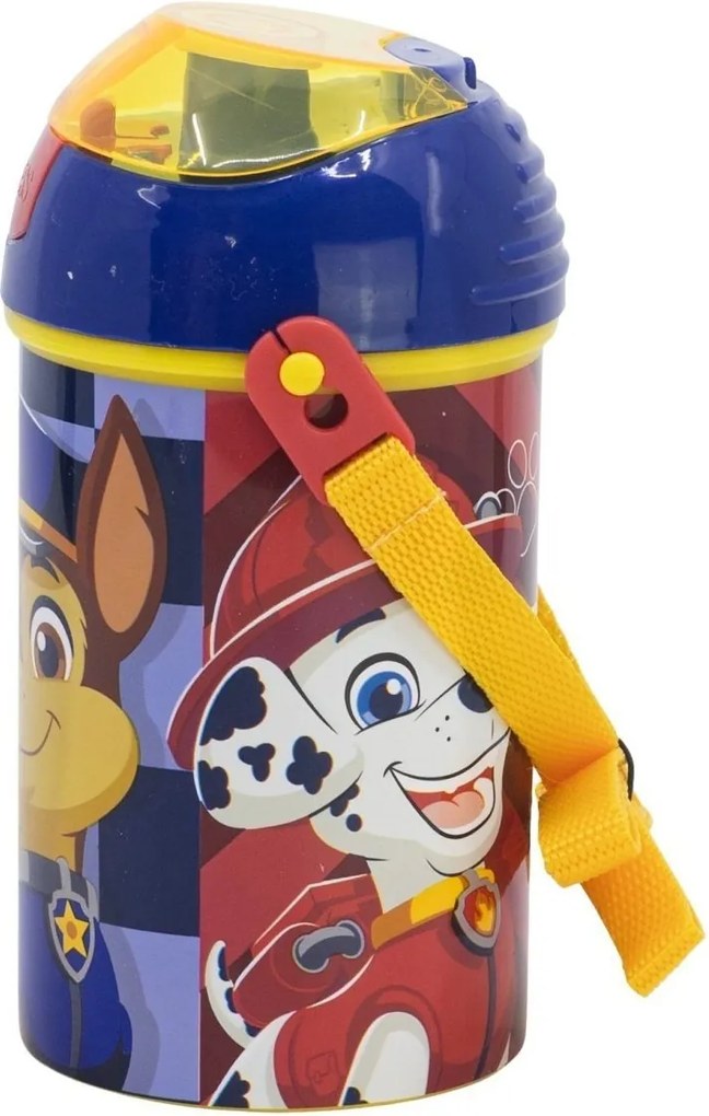 Plastová láhev na pití s brčkem, víčkem a popruhem Tlapková patrola - Paw Patrol - motiv Rescue Pups - 450 ml