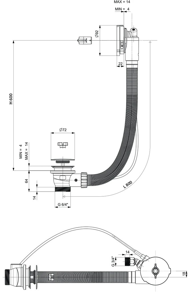 Polysan Vanová souprava s napouštěním, bovden, délka 800mm, zátka 72mm, bílá, 71853.10
