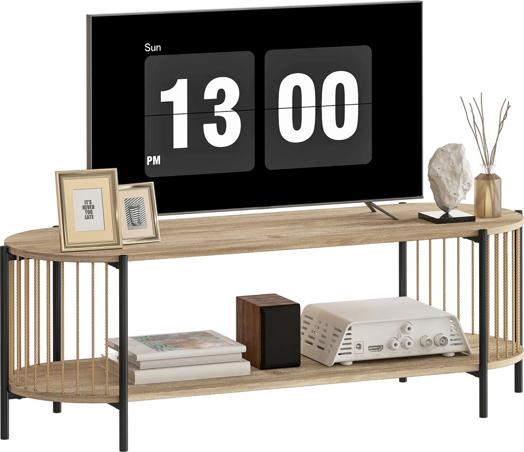 HOMCOM TV stolek Boheme až pro 55 palců s designem z papírového lanka a 2 otevřenými policemi 124x43,5x41 cm, přírodní