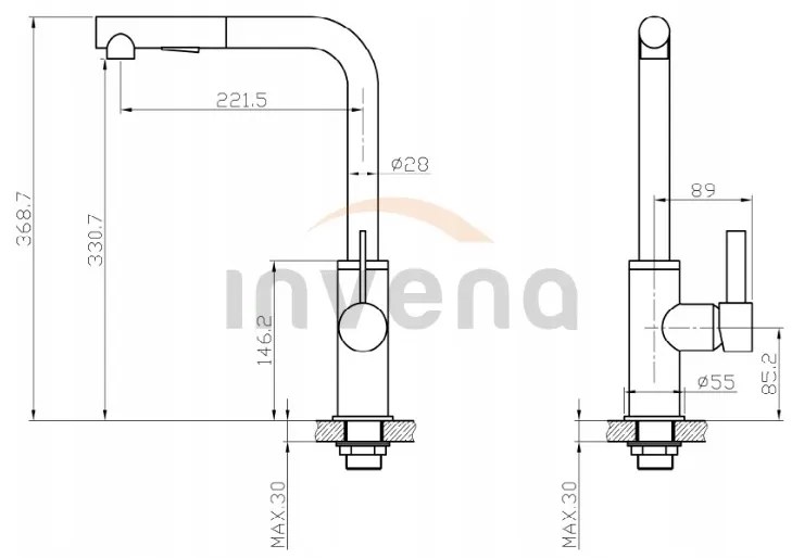 Invena Proto, stojánková dřezová baterie s výsuvnou výlevkou, černá matná, BZ-48-W04-L