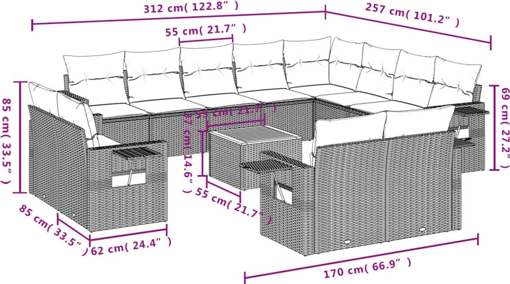 13dílná zahradní sedací souprava s poduškami šedá polyratan 3257166