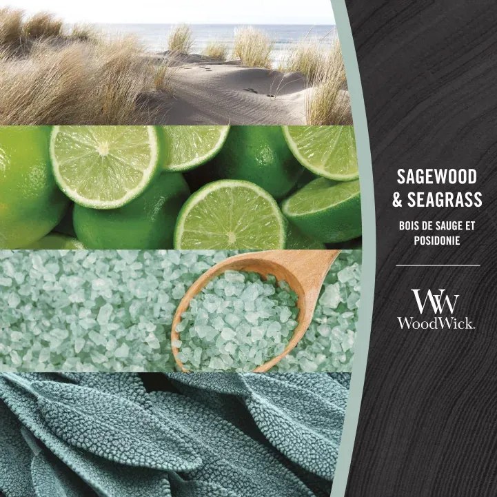 WoodWick – svíčka Sagewood & Sea Grass (Šalvějové dřevo a mořská tráva) Velikost: střední 275 g