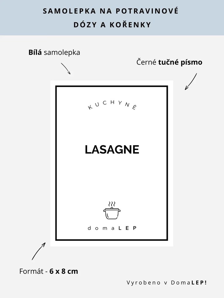 LASAGNE – bílá samolepka na dózu, tučné písmo, 6 x 8 cm | DomaLEP