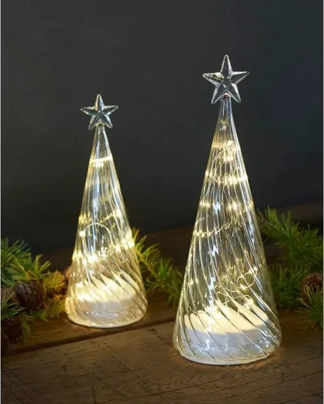 LED svítící stromeček skleněný na baterie, čirý, 26 cm, s hvězdou, AAA