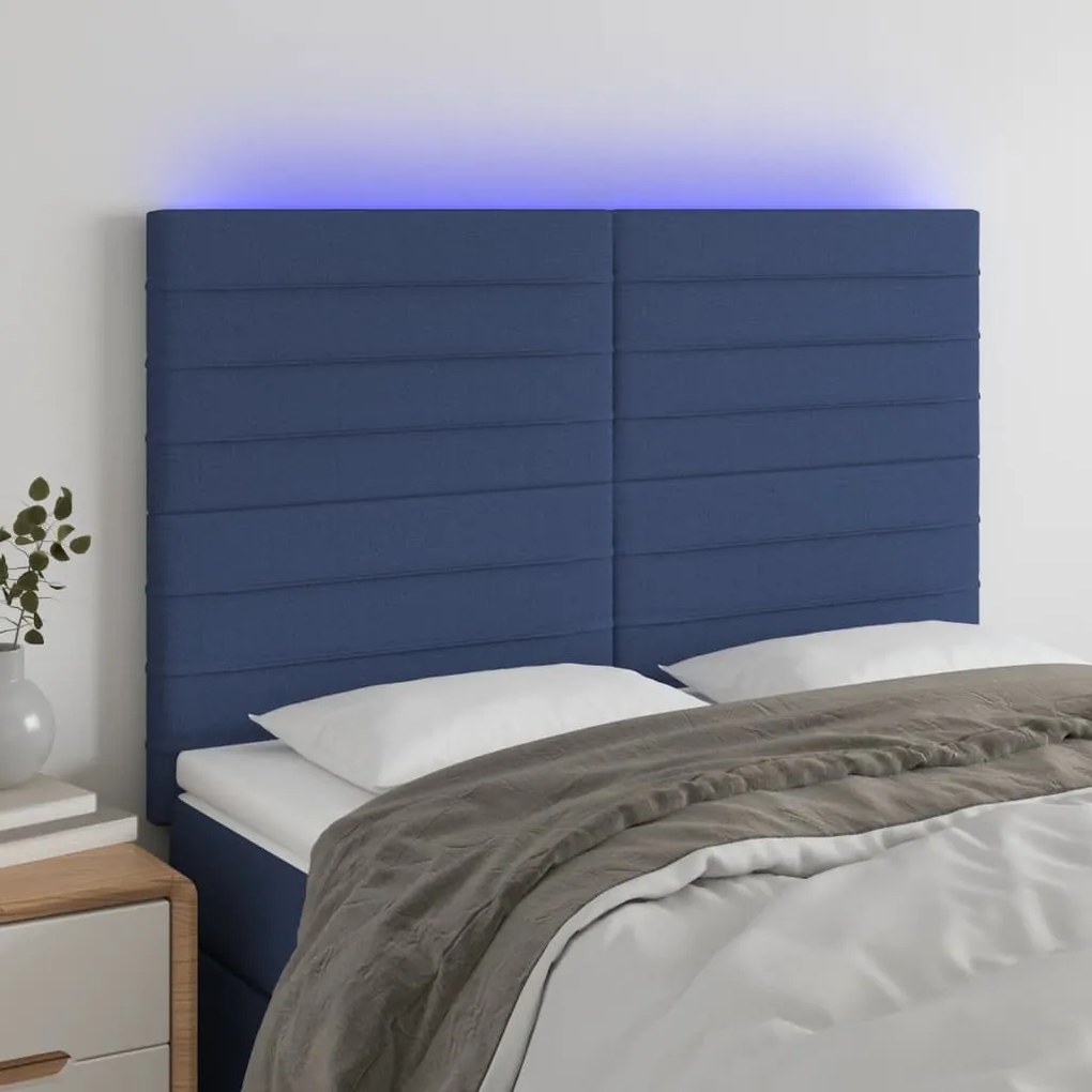 Čelo postele s LED modré 144x5x118/128 cm textil 3122568