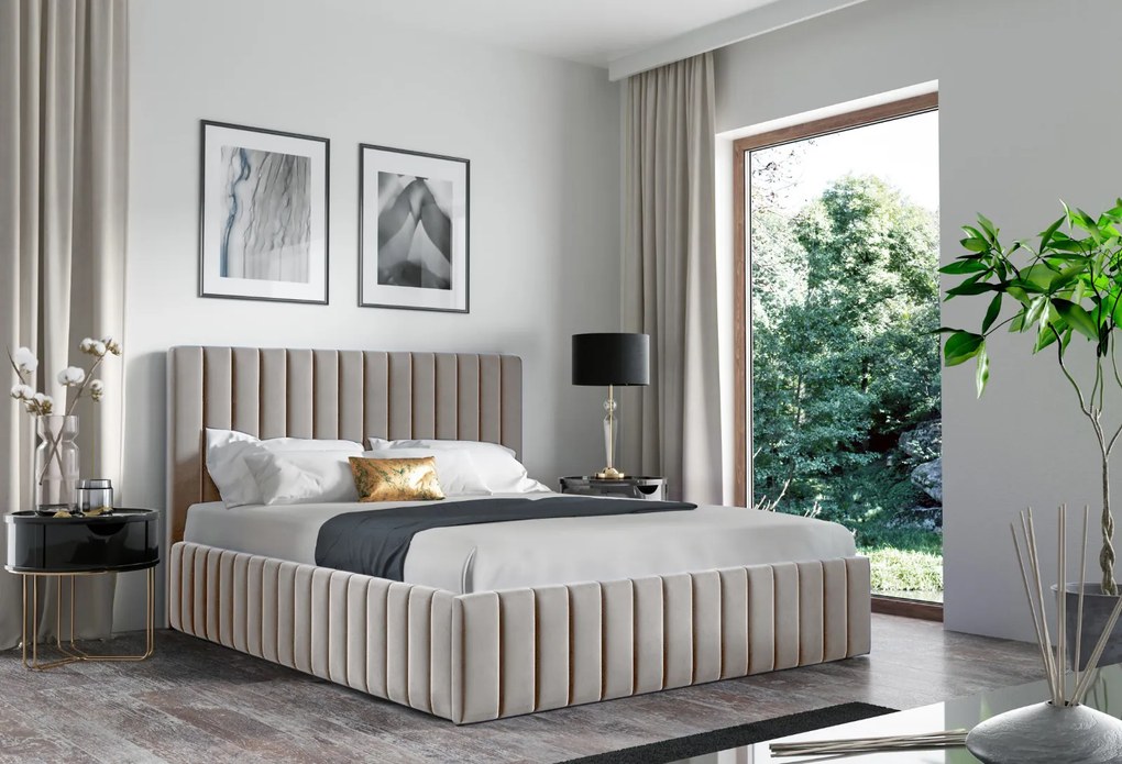 Eka Čalouněná postel INTIMA 180x200 cm, Trinity 2302 Krémová s kovovým rámem úložného prostoru