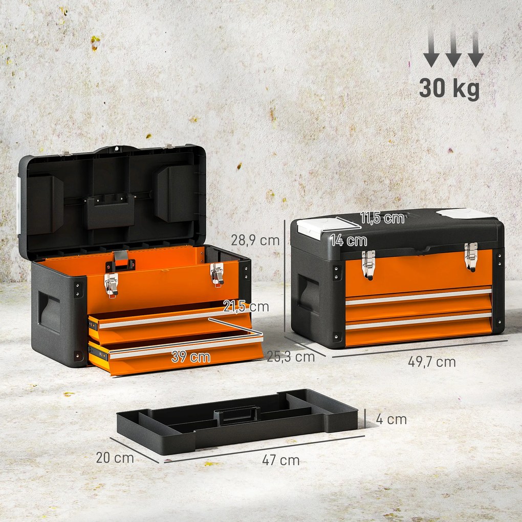 HOMCOM Box na nářadí prázdný, 49,7 x 25,3 x 28,9 cm Box na nářadí se zásuvkou, mini box ocelový oranžový