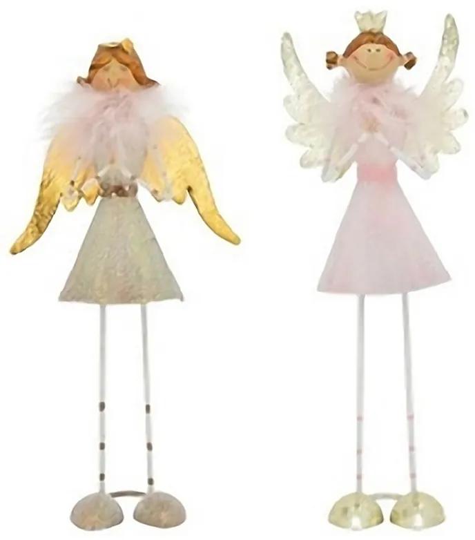 Kovový Anděl Lilian se zlatými křídly s peříčky kolem krku - 22 cm