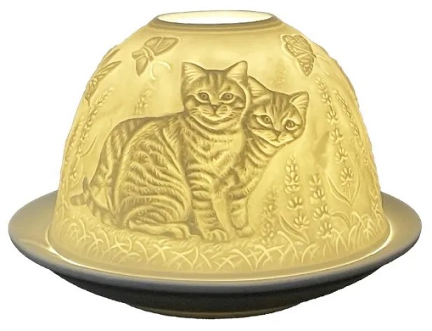 Bílý porcelánový svícen na čajovou svíčku kočka s květinami – 12x8 cm