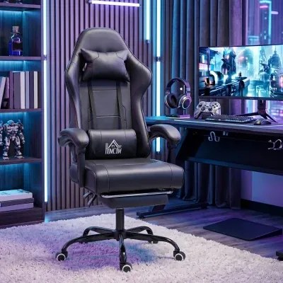 HOMCOM ergonomická herní židle, herní křeslo s masážním bederním polštářem, naklápěcí, výškově nastavitelné, černé