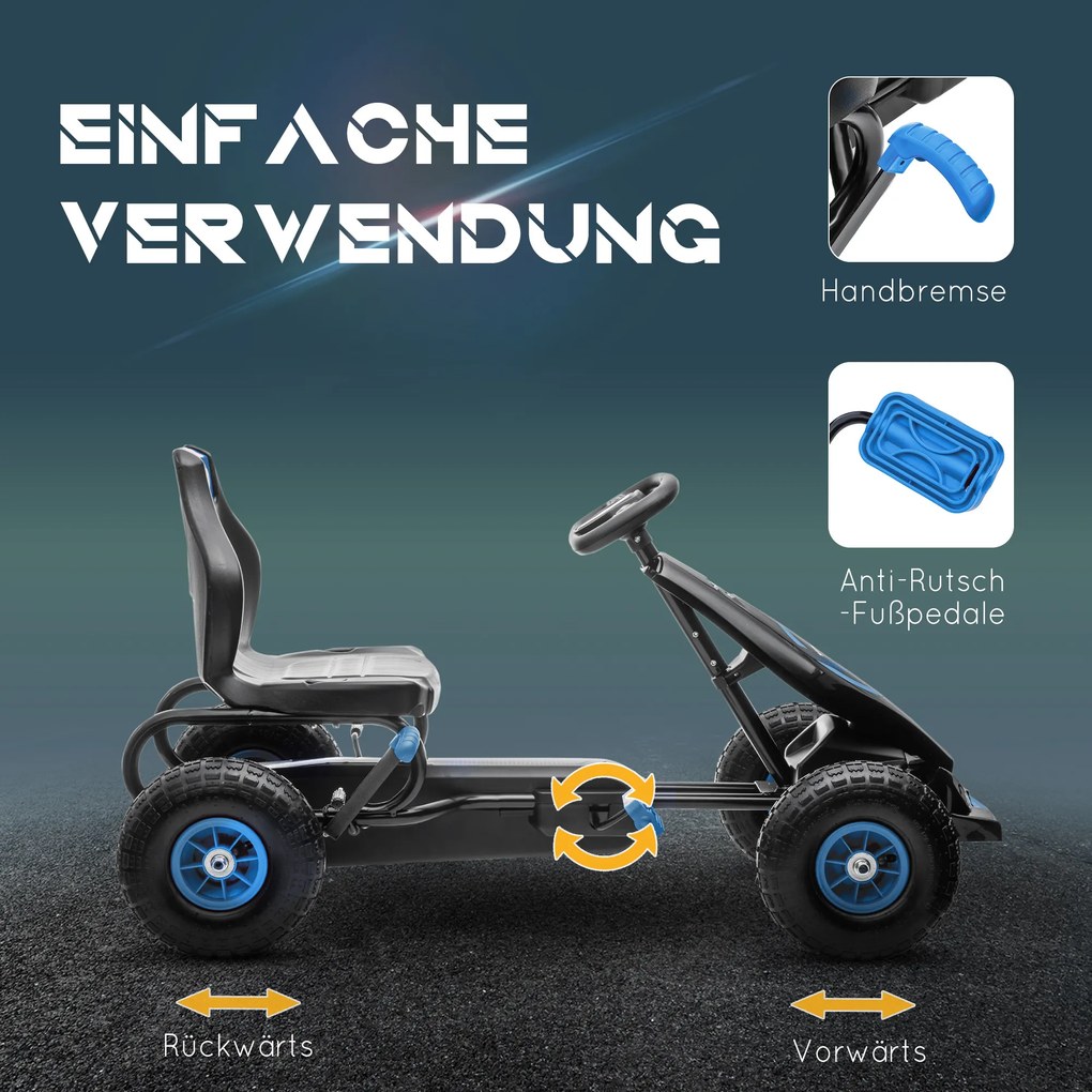 HOMCOM Dětská motokára modrá černá s nastavitelným sedadlem gumové pneumatiky pedál ruční brzda od 5 let pro venkovní zábavu