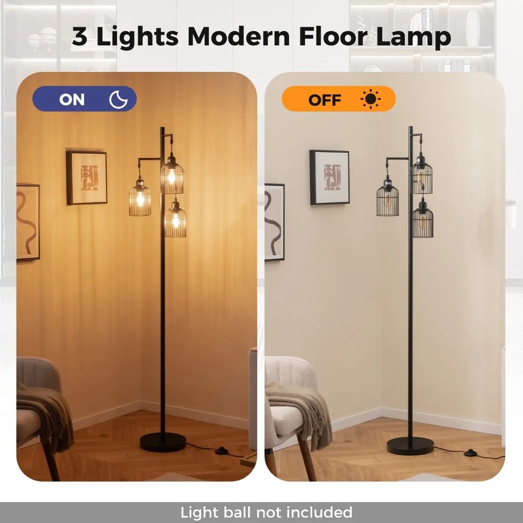 Costway Moderní stojací lampa 169 cm průmyslová stojací lampa s 3 stínidla nožní