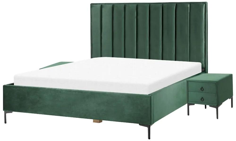 Sametová souprava nábytku postel 180 x 200 cm +2 noční stolky tmavě zelená SEZANNE Beliani