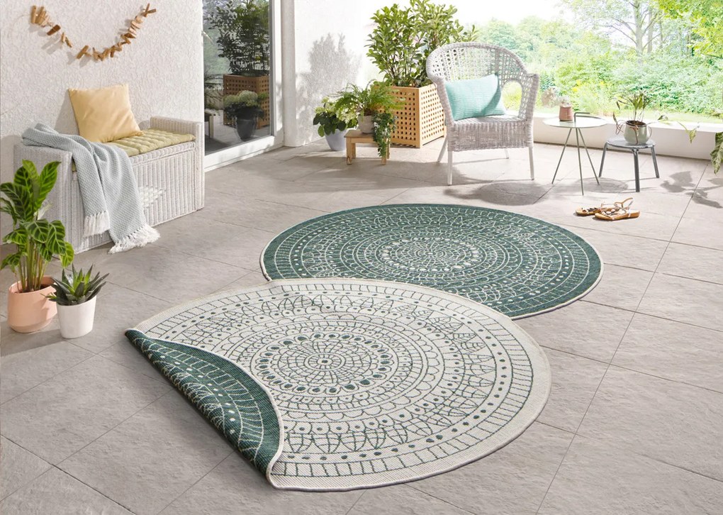 NORTHRUGS - Hanse Home koberce Kusový koberec Twin-Wendeteppiche 103103 creme grün kruh – na ven i na doma - 200x200 (průměr) kruh cm