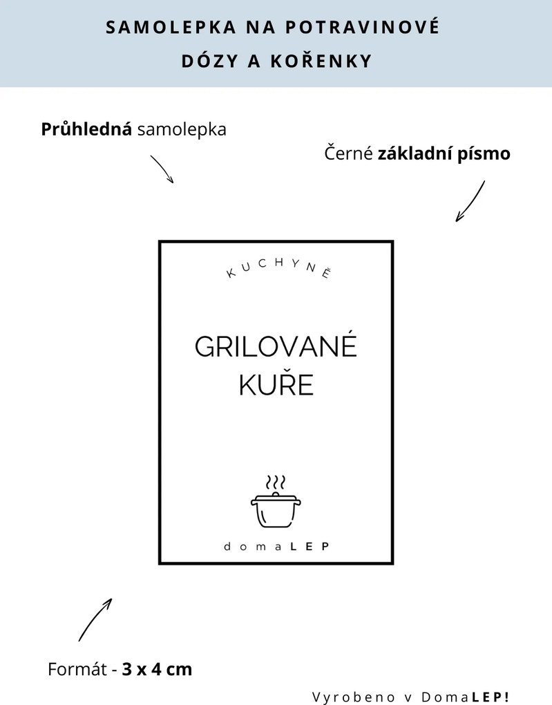 Samolepka na kořenky GRILOVANÉ KUŘE průhledná 3 × 4 cm základní písmo