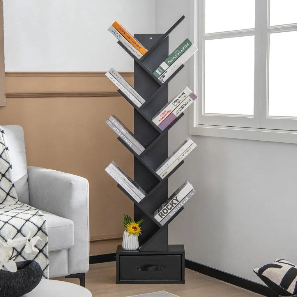 Costway Knihovna 10 Tier Tree Book se zásuvkou na podlaze stojícím úložným