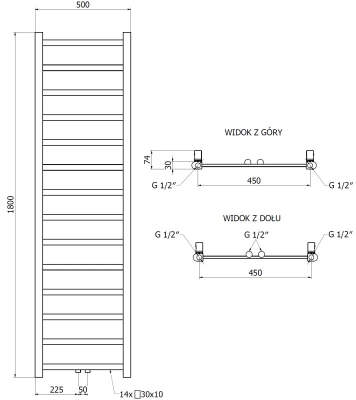 Mexen Bolt, topné těleso 1800 x 500 mm, 460 W, spodní a středové, černá, W126-1800-500-00-70