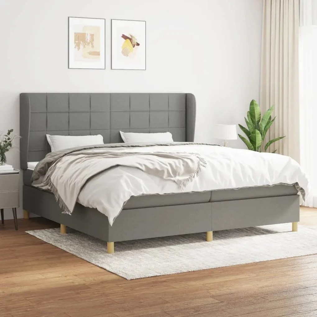 Box Spring Postel S Matrací Textil Tmavě Šedá Blok se čtverci 200 x 200 c