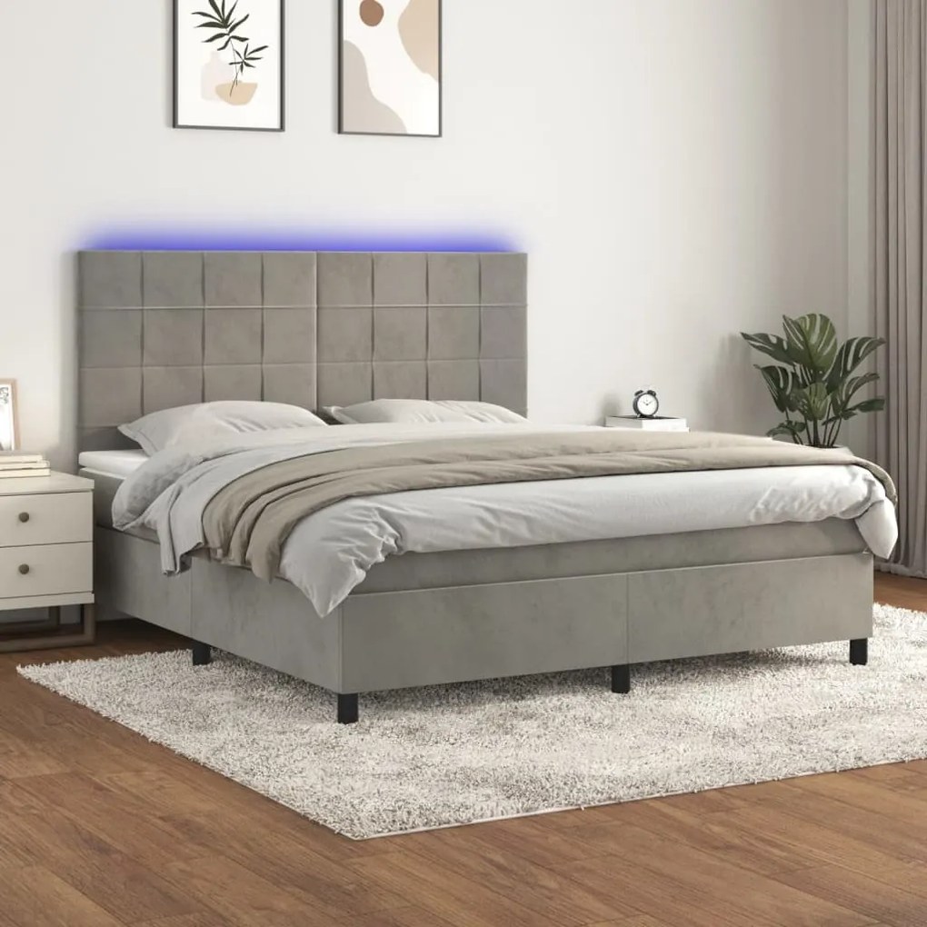Box spring postel s matrací a LED světle šedá 160x200 cm samet