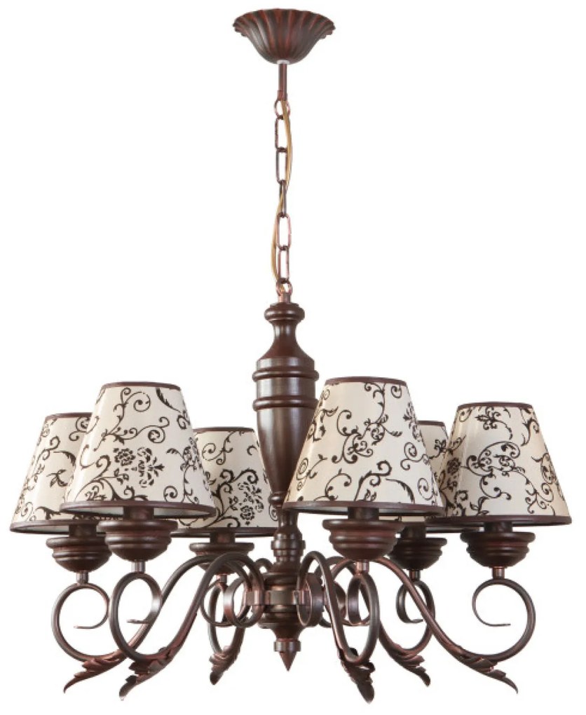Light for home - Závěsný lustr na řetězu z kovu a dřevěných prvky  30403 "Munich", 6x40W, E14, hnědá, měď